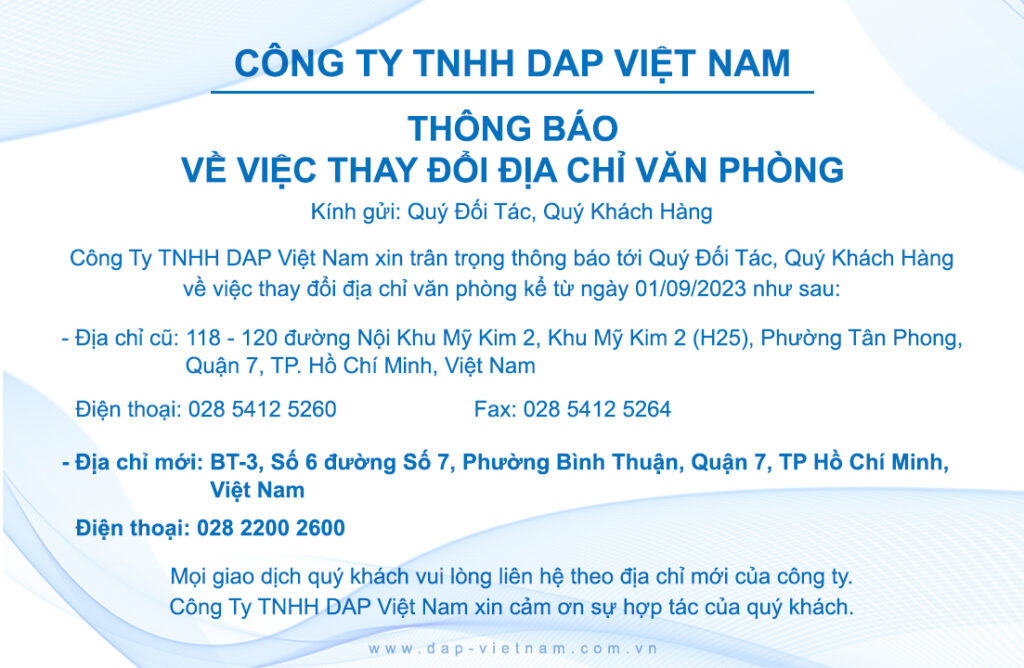 THÔNG BÁO VỀ VIỆC THAY ĐỔI ĐỊA CHỈ VĂN PHÒNG - DAP VIETNAM